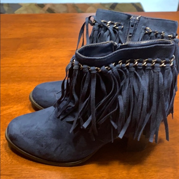 Pierre Dumas | Shoes | Navy Blue Fringed Heel Booties | Poshmark